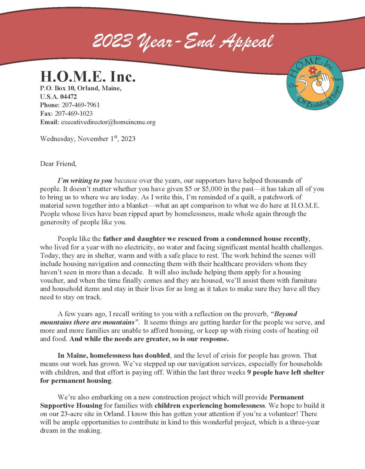 Year End Appeal Letter 2023 – H.O.M.E. Inc. "Serving first those who ...