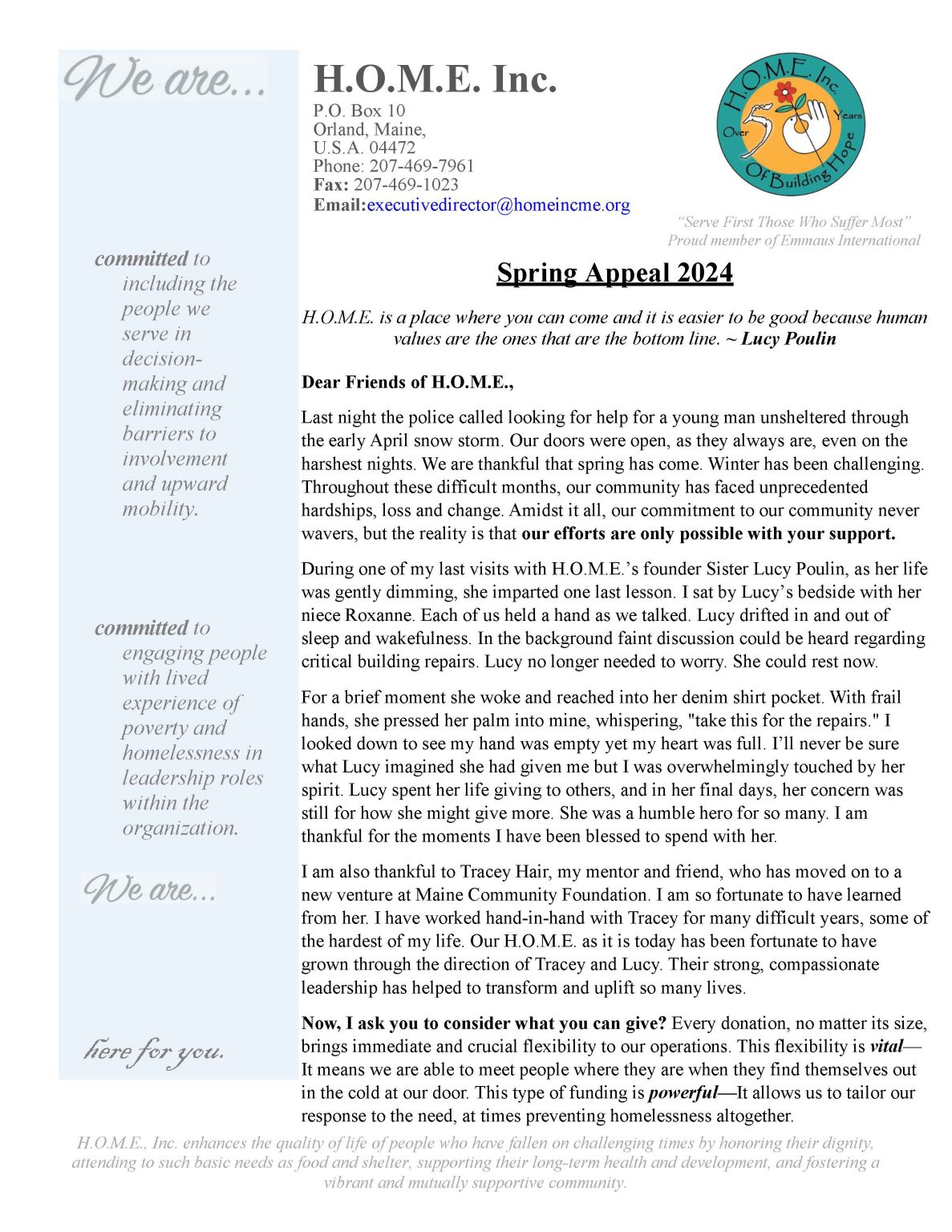 Spring Appeal 2024 – H.O.M.E. Inc. "Serving first those who suffer most."